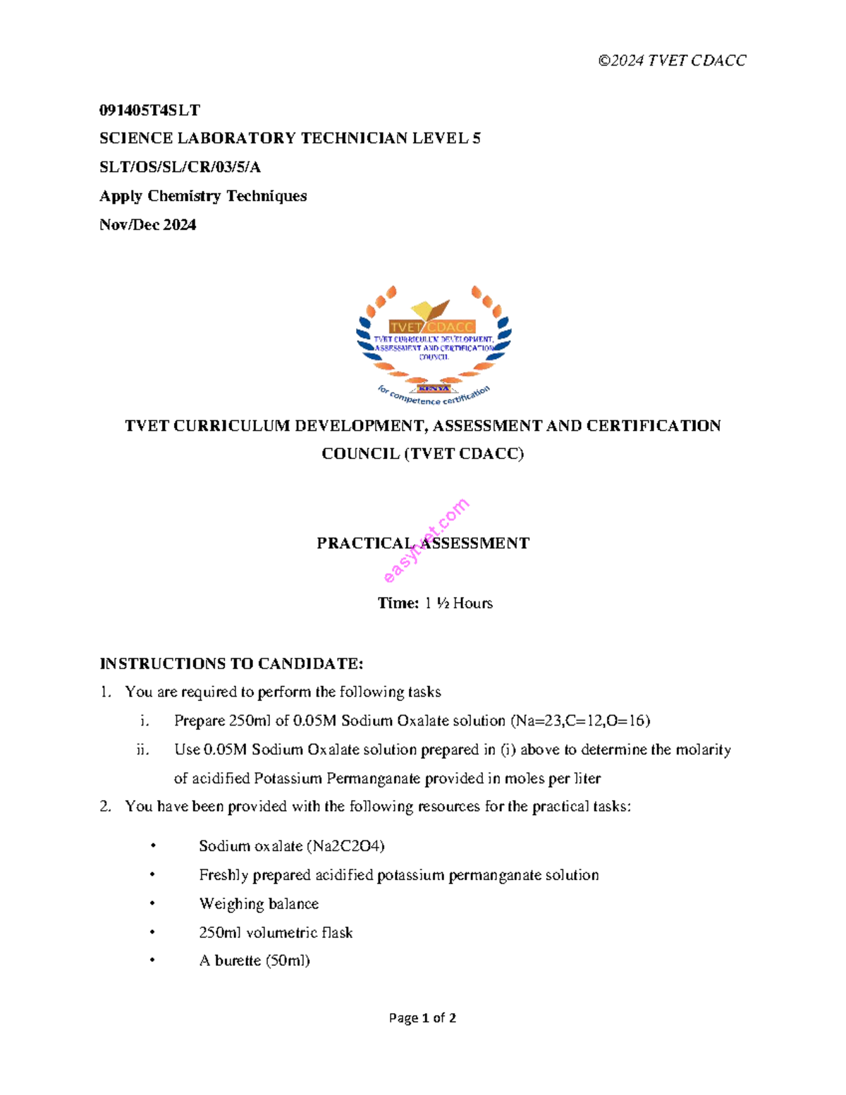 TVET CDACC 091405T4SLT Level 5 Chemistry Techniques Practical Guide ...