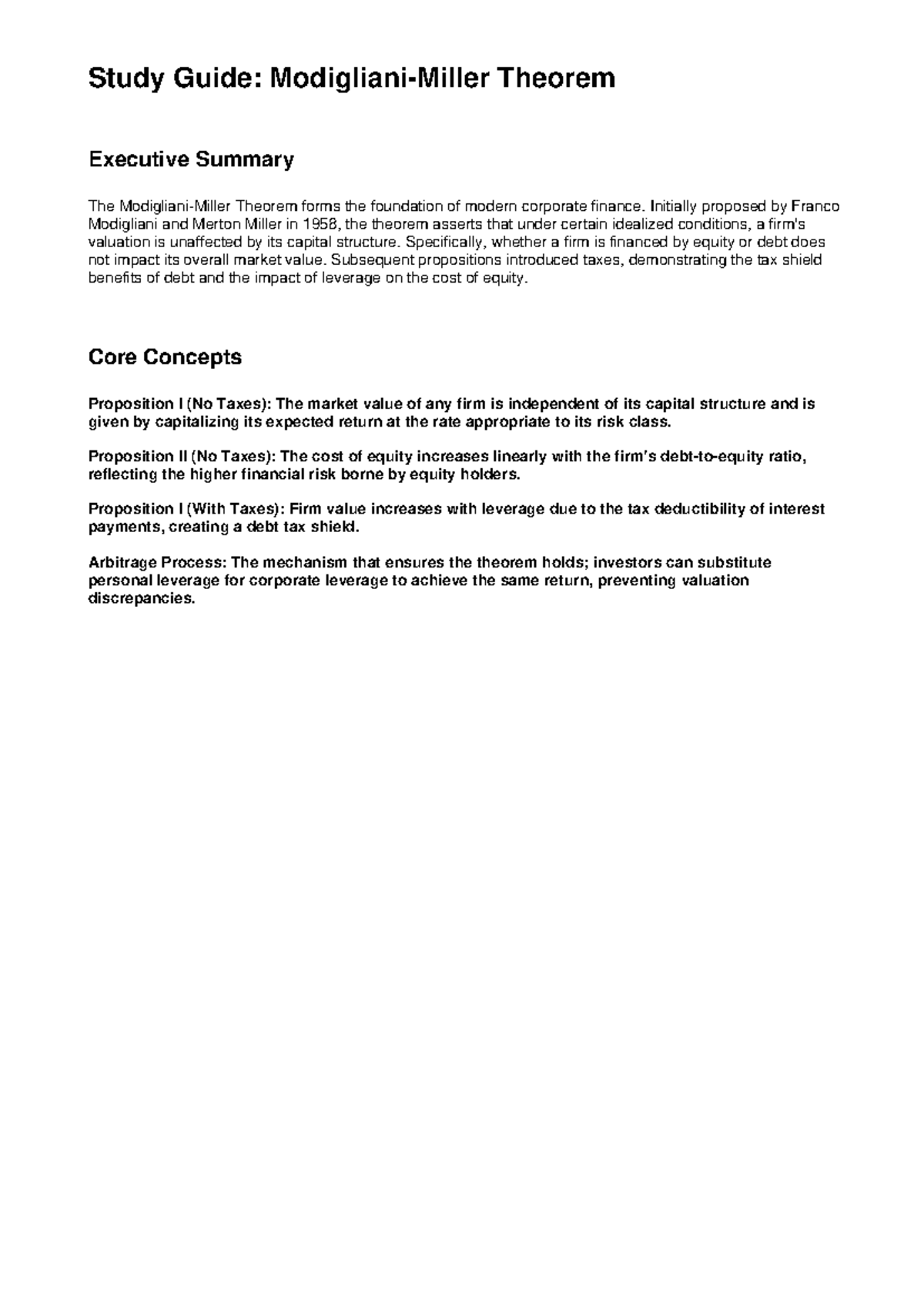 Study Guide: Modigliani-Miller Theorem (Corporate Finance) - Studocu