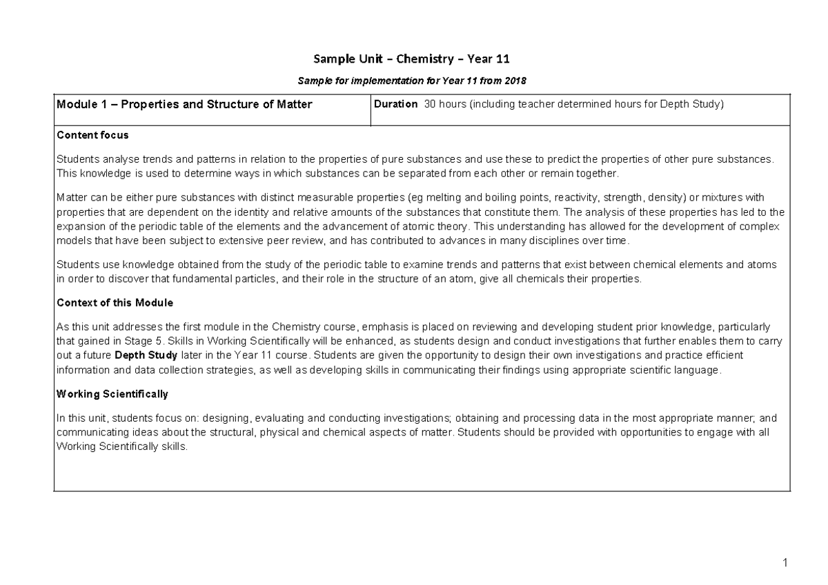 Chemistry Year 11 Sample Unit: Module 1 - Properties & Structure of ...