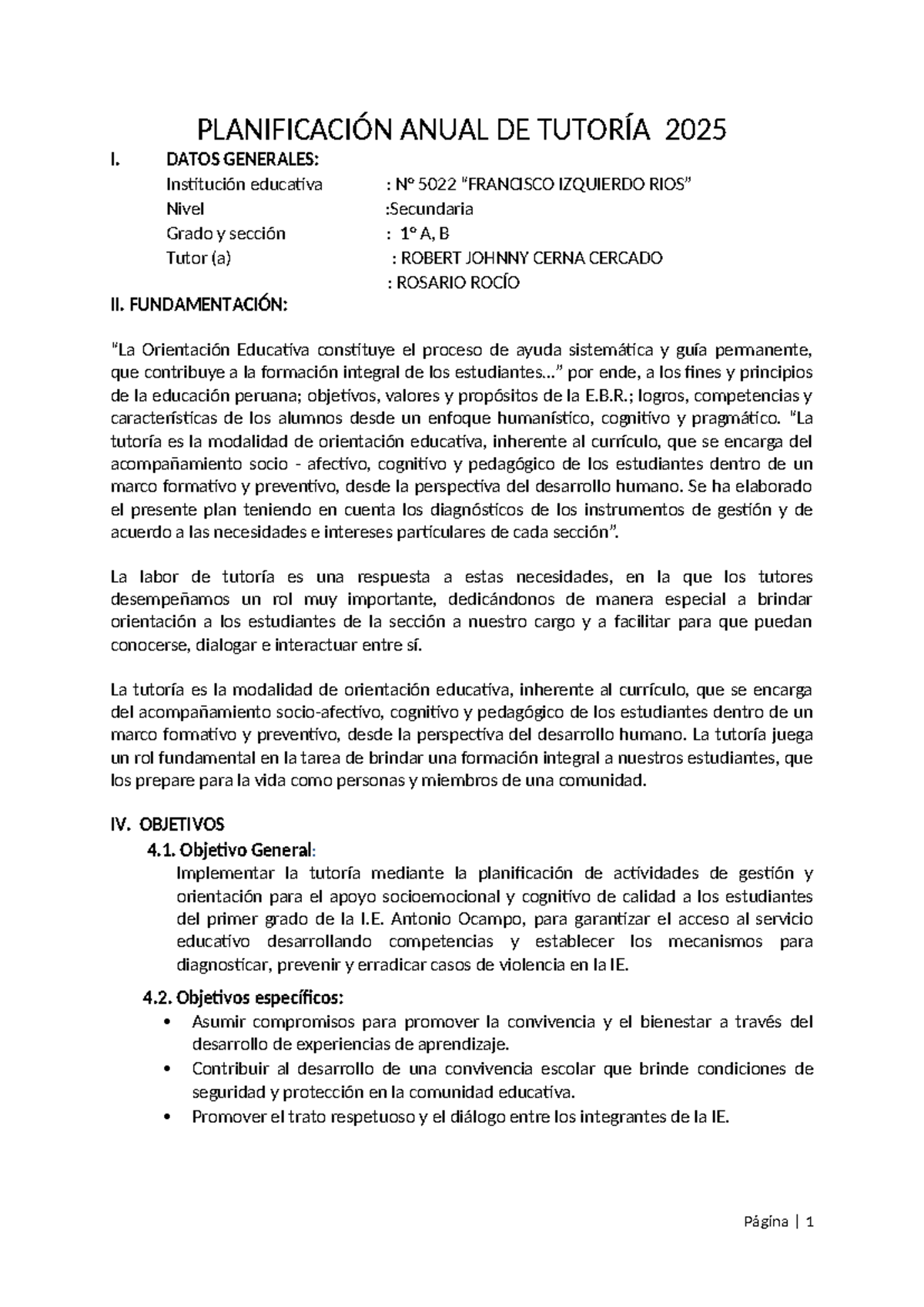 Plan Anual de Tutoría 2025-1: Estrategias y Objetivos Educativos - Studocu