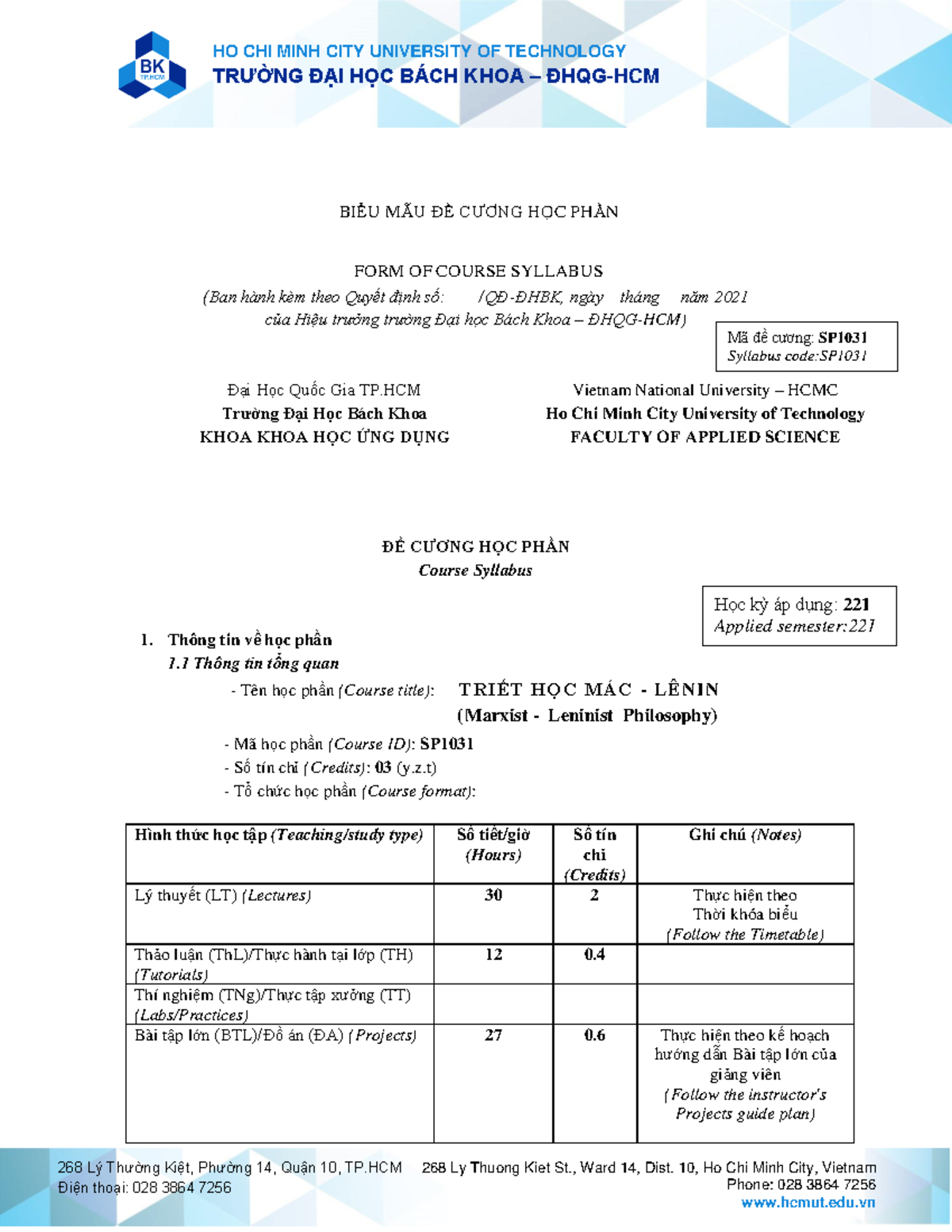 1. LTBT DE Cuong Triet SP1031 221-MỚI - TRƯỜNG ĐẠI HỌC BÁCH KHOA – ĐHQG ...