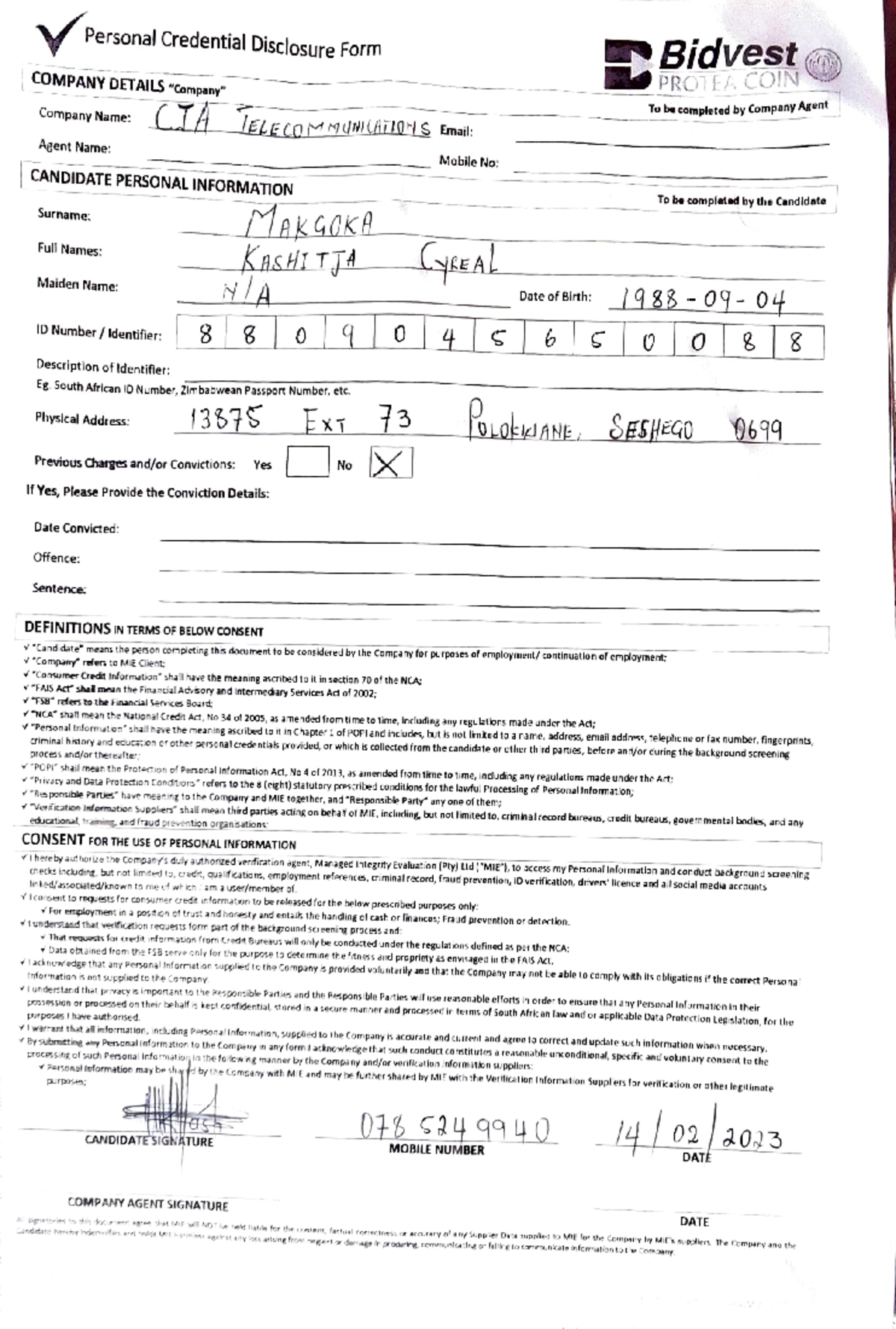 Consent Form for Personal Credential Disclosure - Bidvest Protea Coin ...