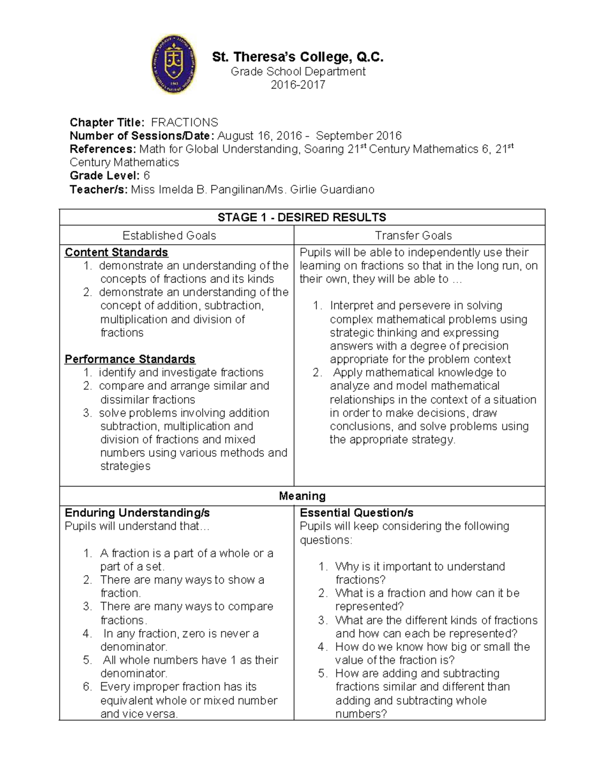 Fractions Lesson Plan (Grade 6) - Review & Concepts - Studocu