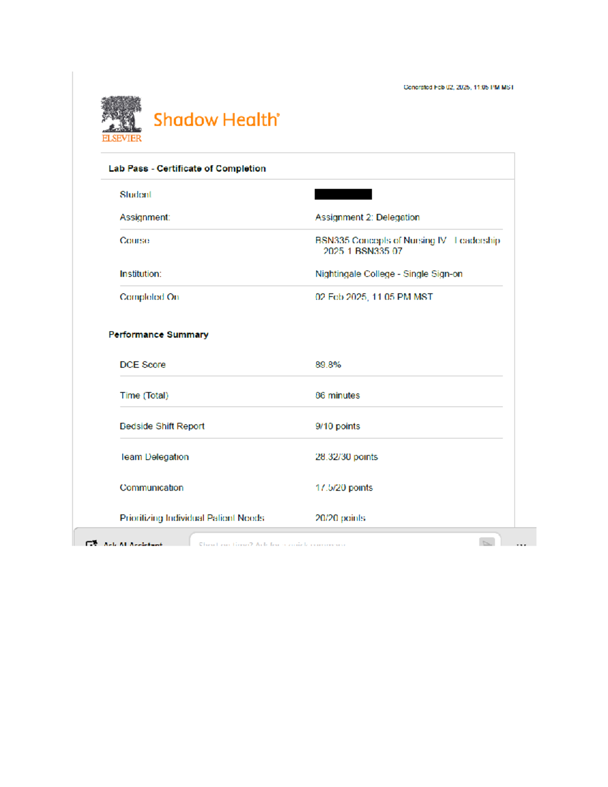 Labpass - BSN 335 - Generated Feb 02, 2025, 11:05 PM MST Shadow Health ...