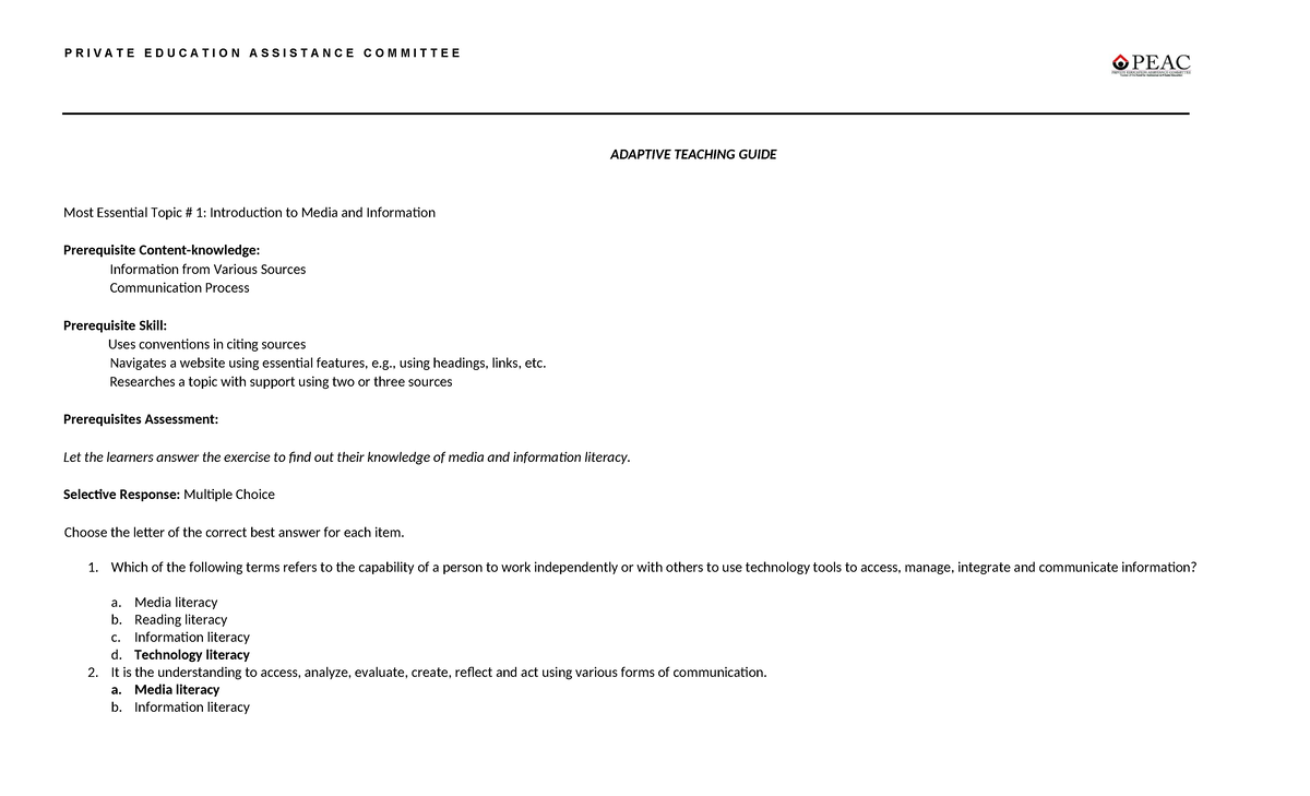 Adaptive Teaching Guide: MIL MET1 - Media & Info Literacy Essentials ...