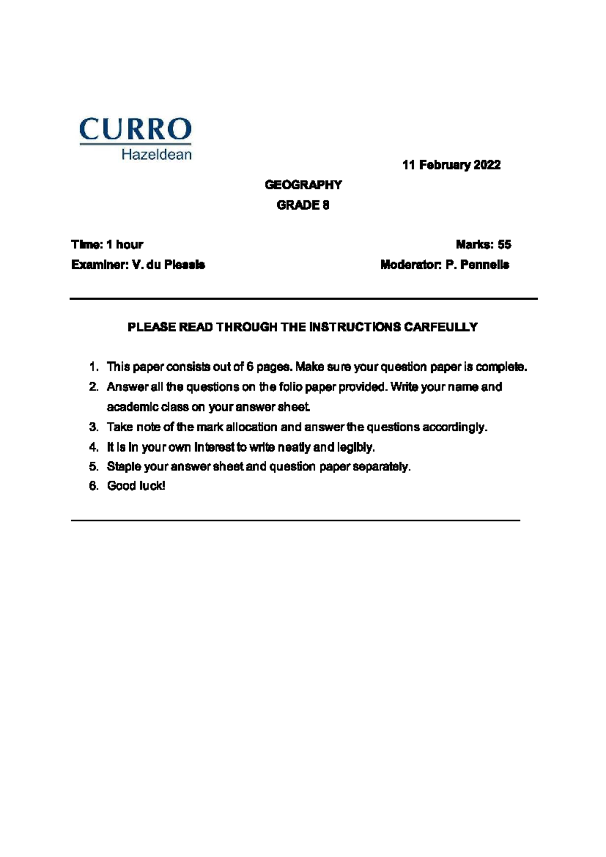 Geography Grade 8 Past Paper - CURRO Hazeldean (Feb 2022) - Studocu