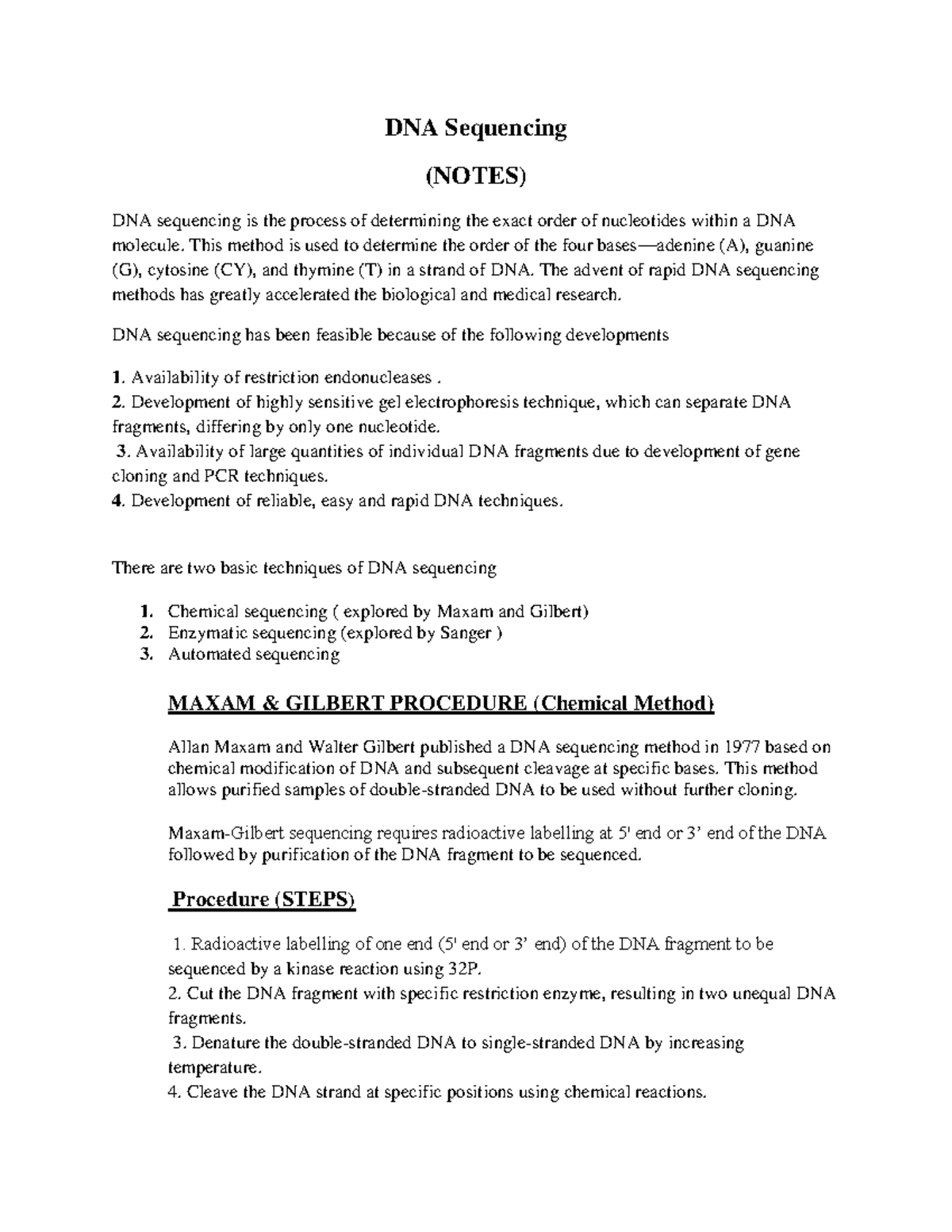 DNA Sequencing - DNA Sequencing (NOTES) DNA sequencing is the process ...