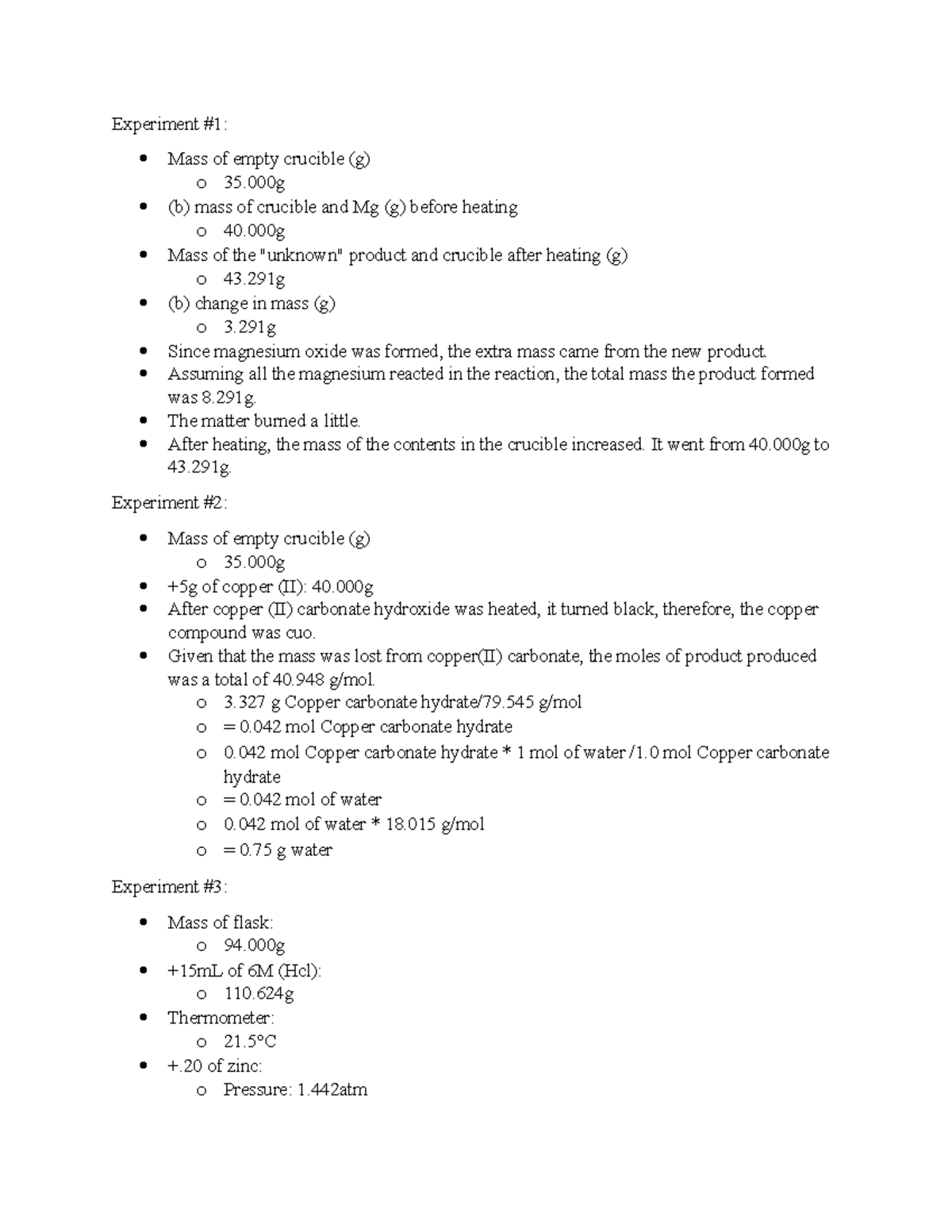 CHEM 101 Lab 7 Notes: Analysis of Reactions and Mass Changes - Studocu
