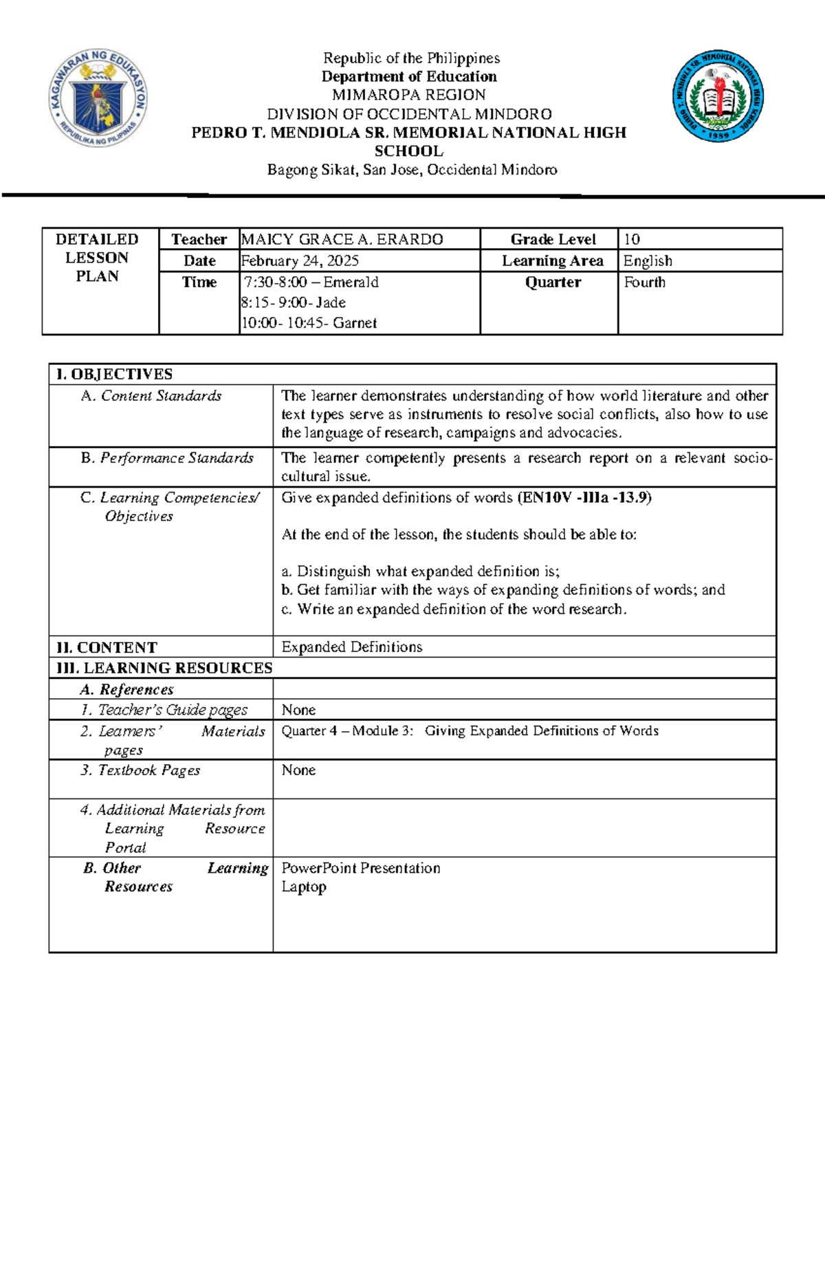 Detailed Lesson Plan (DLP) for English 10: Expanded Definitions - Studocu