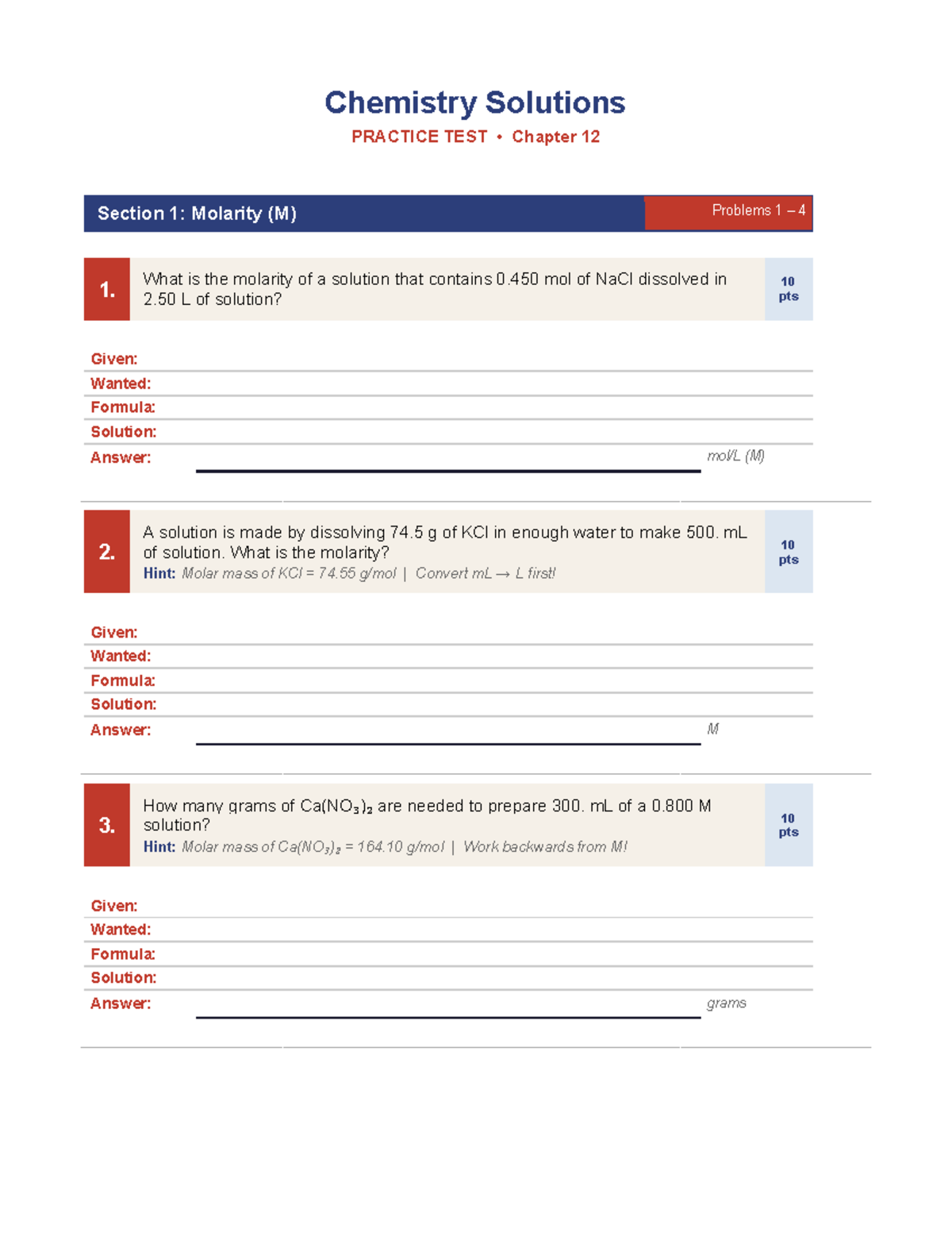 Chemistry Solutions Practice Test CH 12: Molarity & Dilution - Studocu