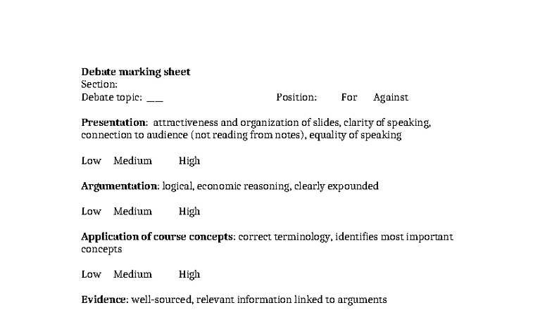 Debate Marking Sheet: Evaluation Criteria & Scoring Guide (SM) - Studocu