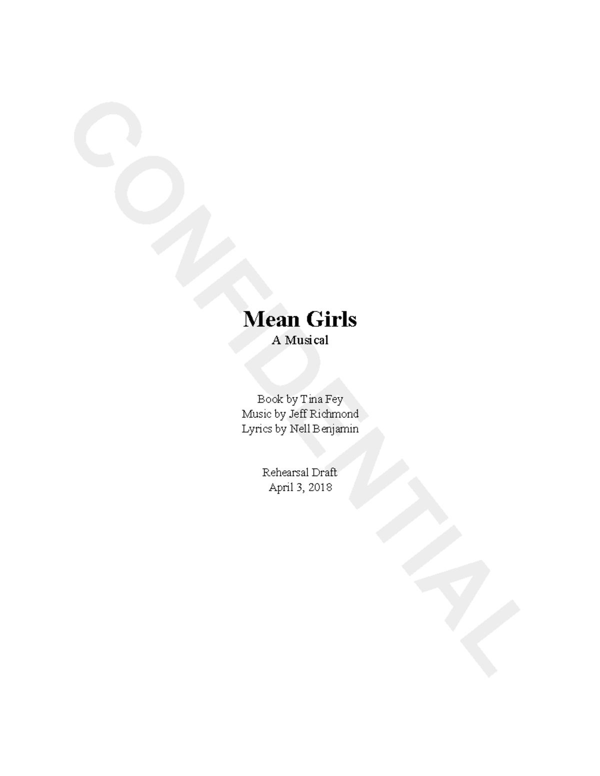 Mean Girls: Broadway Rehearsal Draft (L IA NT) - April 3, 2018 - Studocu