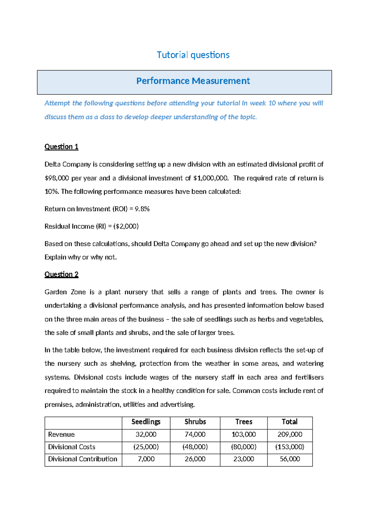 Topic 9 Tutorial Questions: Performance Measurement Analysis - Studocu