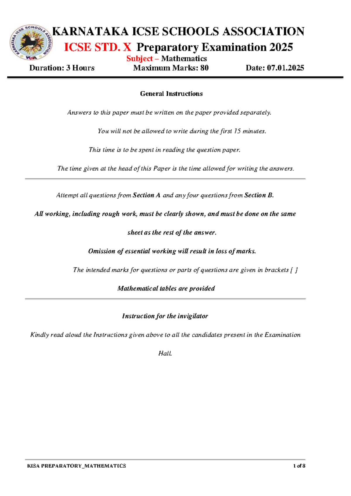 KISA ICSE STD. X Mathematics Preparatory Exam Paper 2025 - Studocu