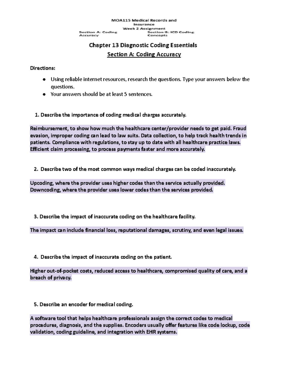 Week 2 Assignment Worksheet 15e - Chapter 13 Diagnostic Coding ...