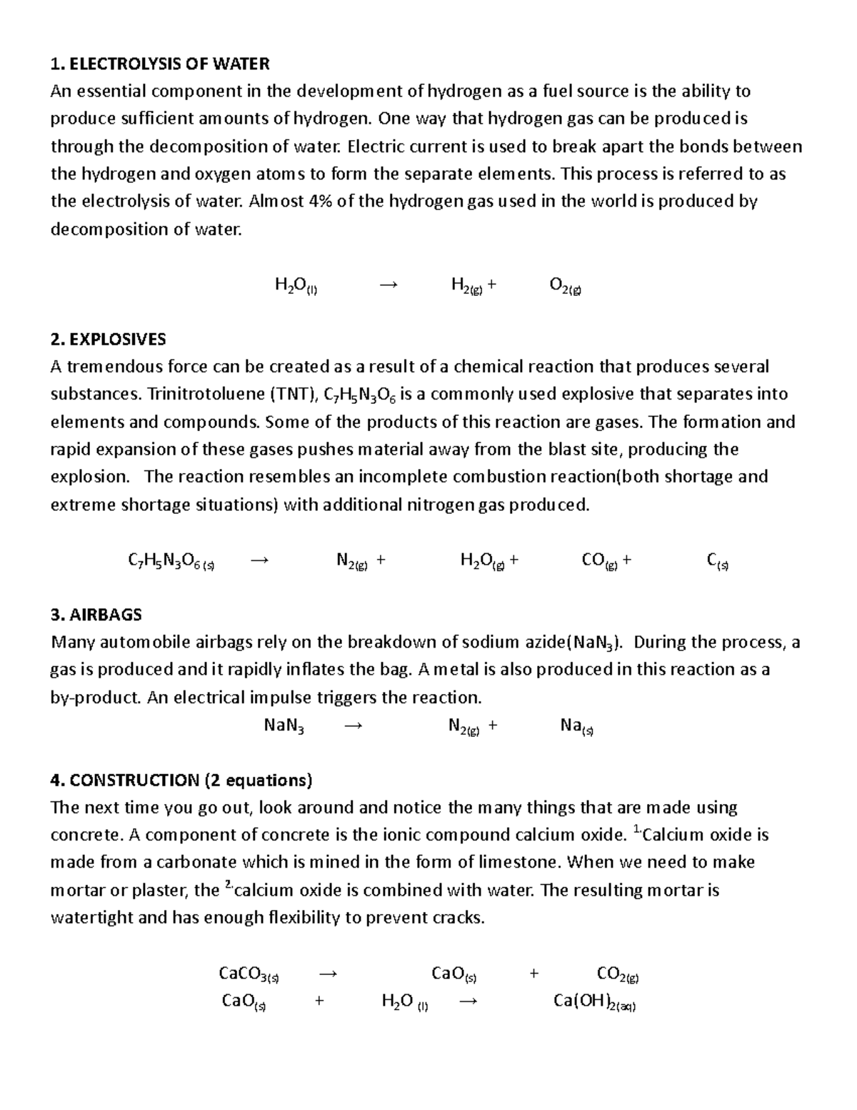 Applications of Reactions Activity (CHEM 101) - Answers and Equations ...