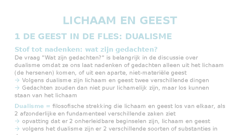 LICHAAM EN GEEST 1: DUALISME EN DE FILOSOFIE VAN DE GEEST - Studocu