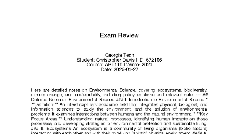 ART110 Winter 2024: Environmental Science Exam Review Notes - Studocu
