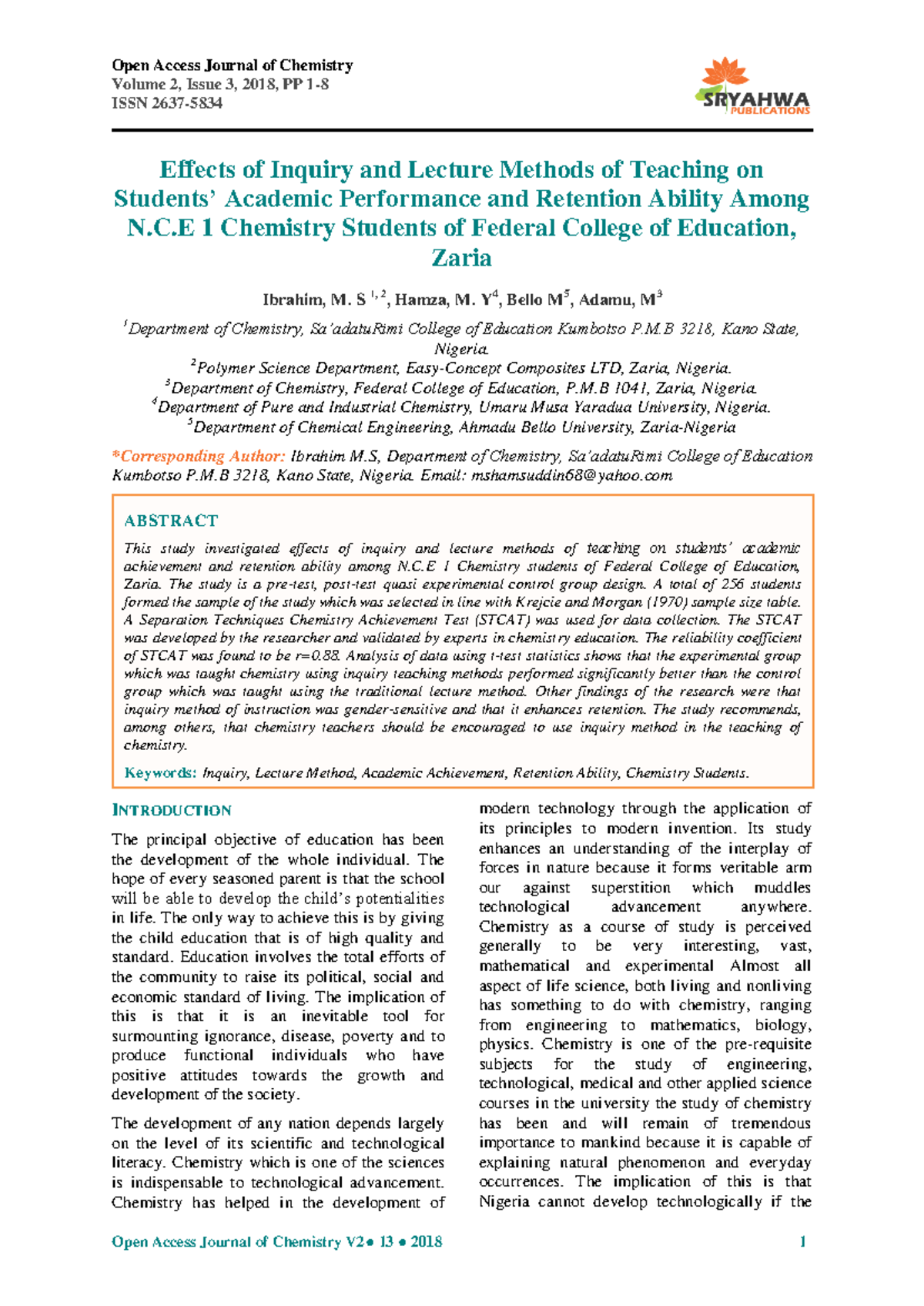 Effects of Inquiry vs. Lecture Methods on N.C.E 1 Chemistry Students ...