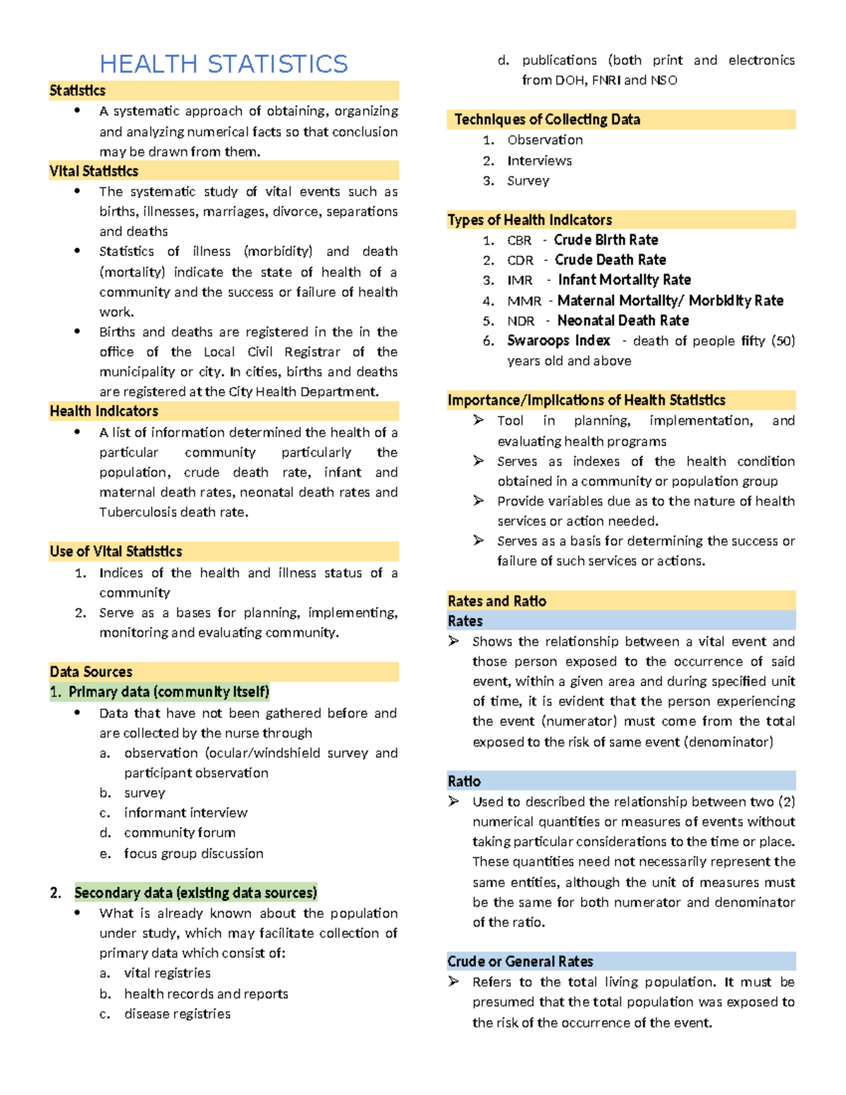 HEALTH STATISTICS: A Systematic Approach to Vital Data Analysis - Studocu