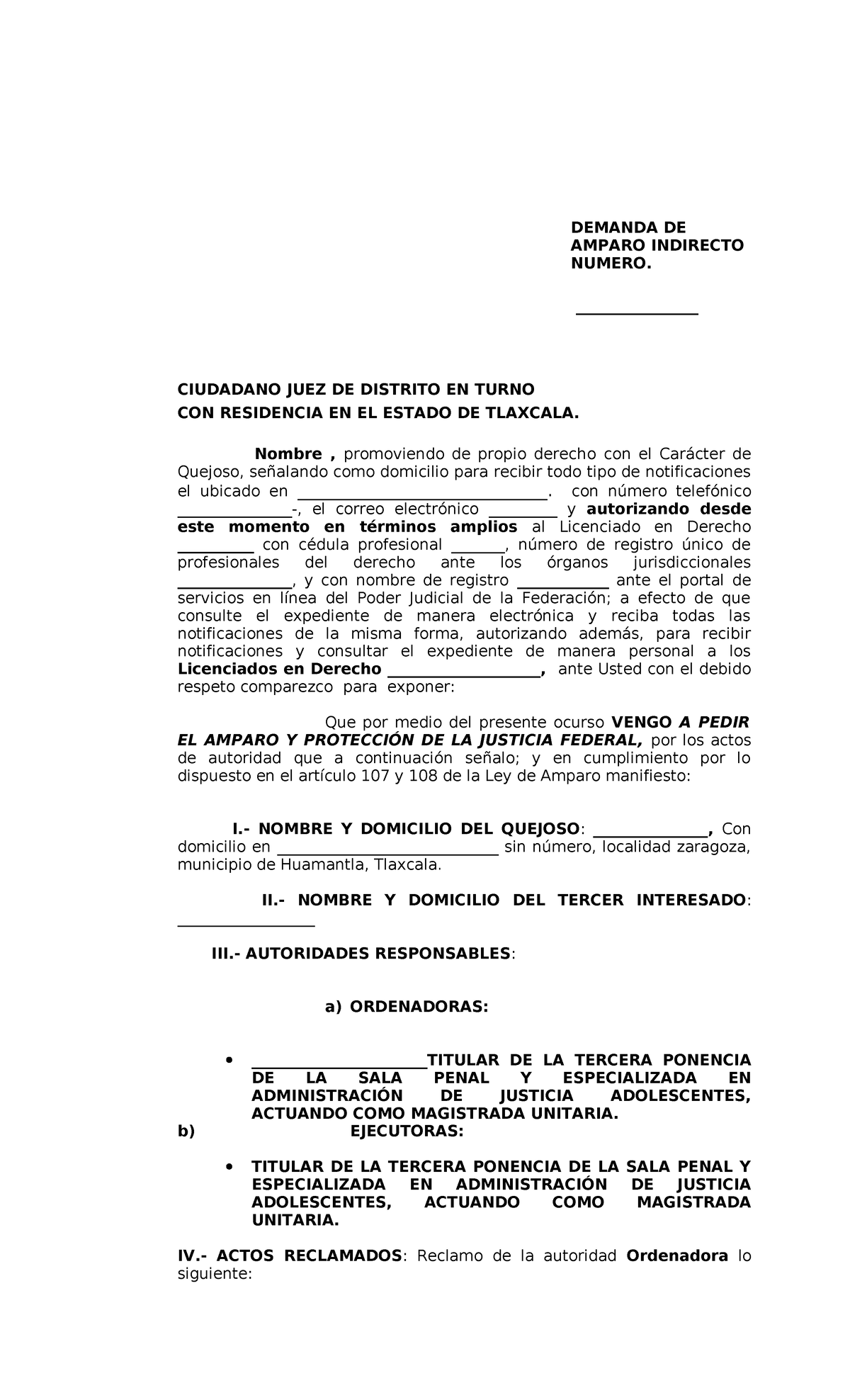 Demanda de Amparo Indirecto No. [Número] - Caso Huamantla, Tlaxcala ...