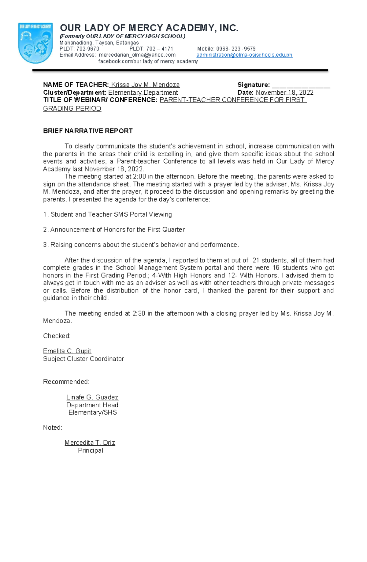 1ST Grading Period Parent-Teacher Conference Narrative Report - Studocu