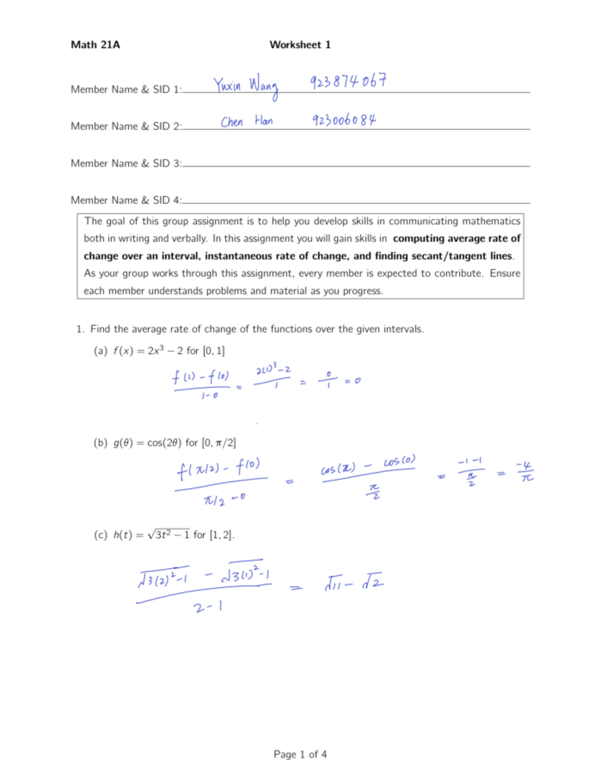 WS1 3 - worksheet3 - Math 21A Worksheet 1 Yuxin Wang 923874067 Member ...