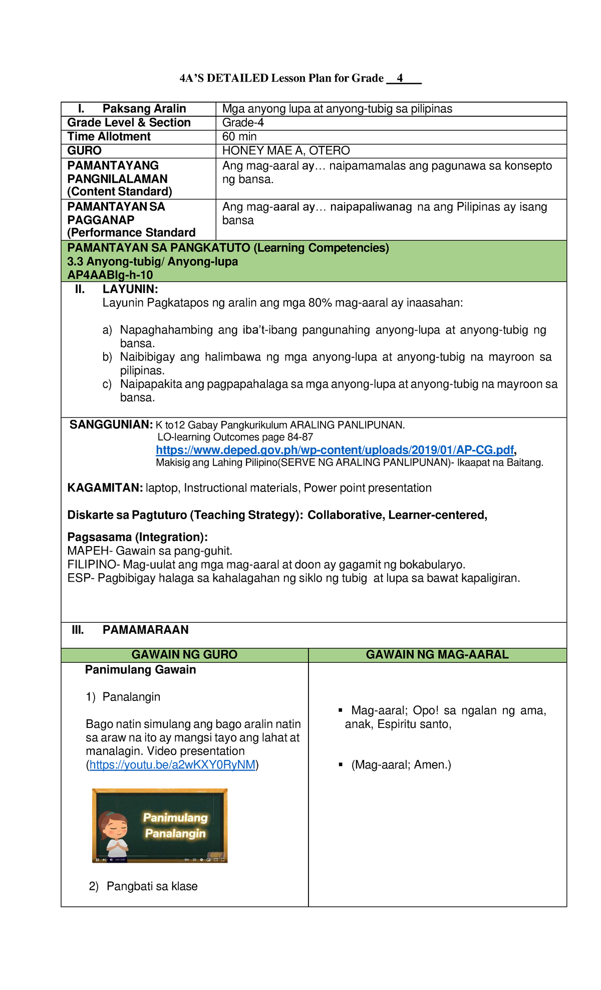 K-12 ARALING PANLIPUNAN: Detailed Lesson Plan on Anyong Lupa at Anyong ...