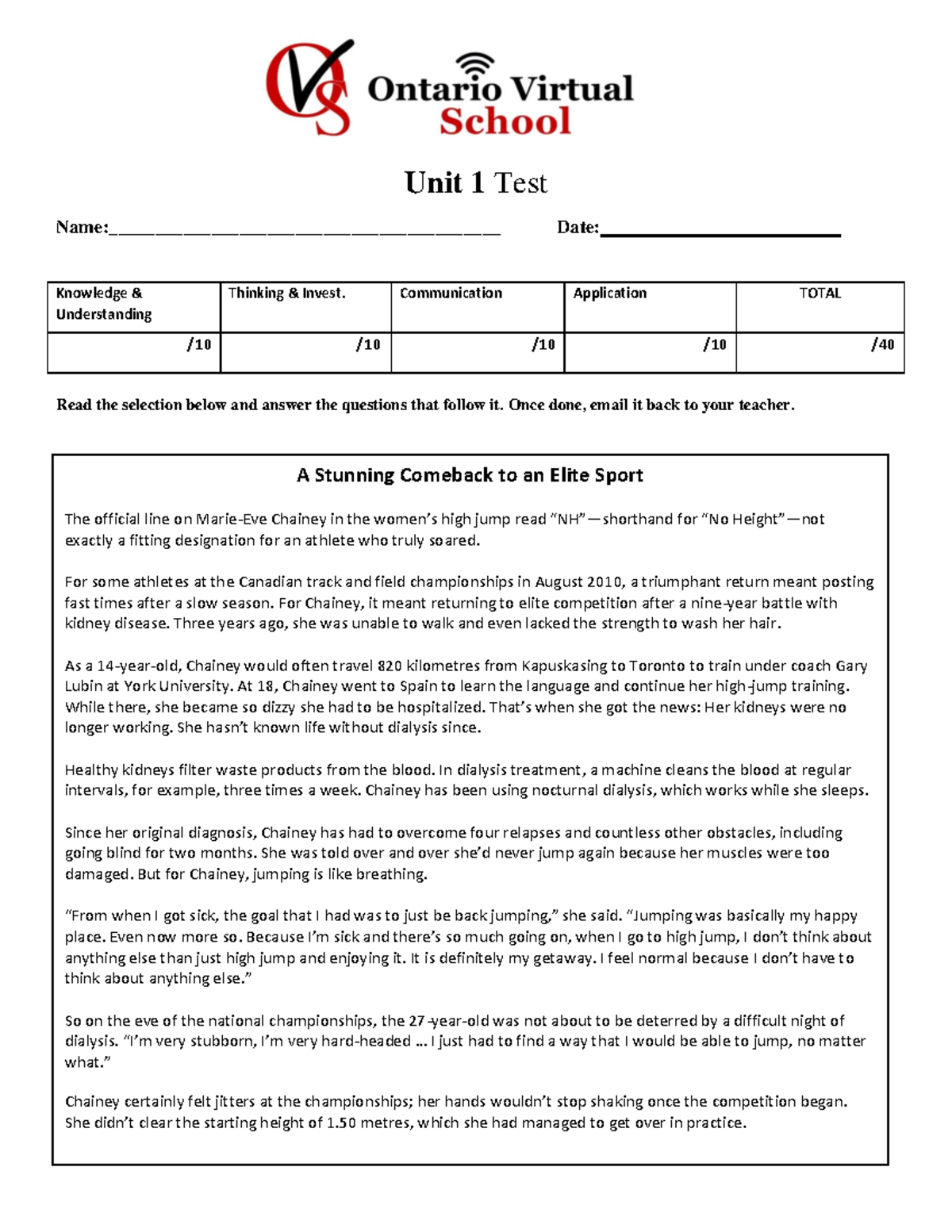 Unit 1 Literacy Test: A Study on Determination and Health Challenges ...