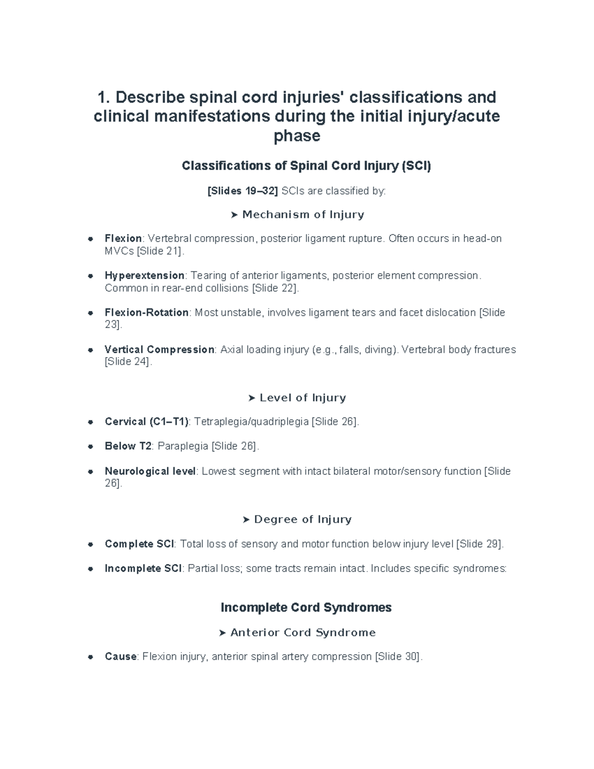 Spinal Cord Injury Classifications & Clinical Manifestations Notes ...