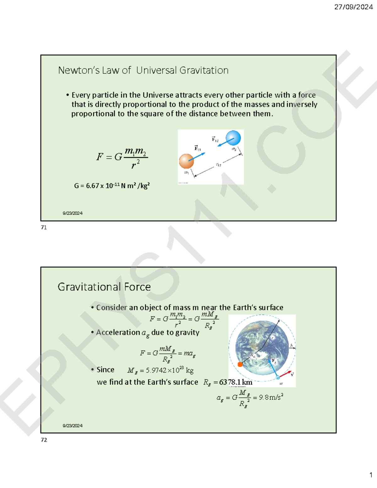 Lec 5 - circular.gravitational forces - 9/23/ Newton’s Law of Universal ...