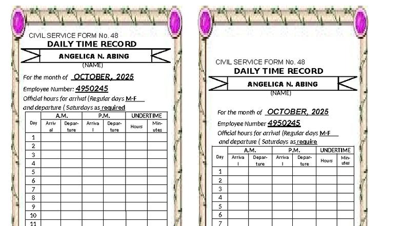 CIVIL SERVICE FORM No. 48: Daily Time Record for October 2025 - Studocu