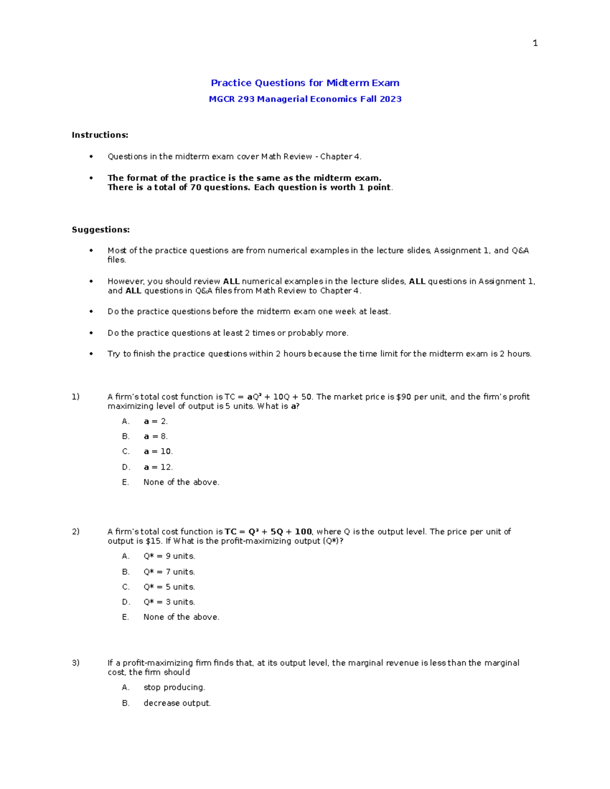 MGCR 293 Managerial Economics Midterm Exam Practice Questions 2023 - Studocu