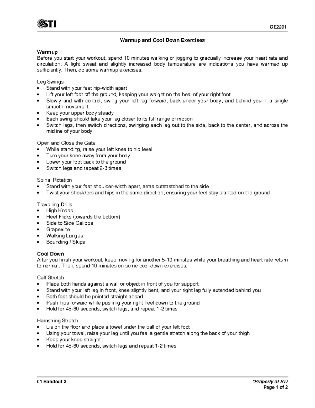 GE2201 Warmup and Cool Down Exercises Guide - Studocu