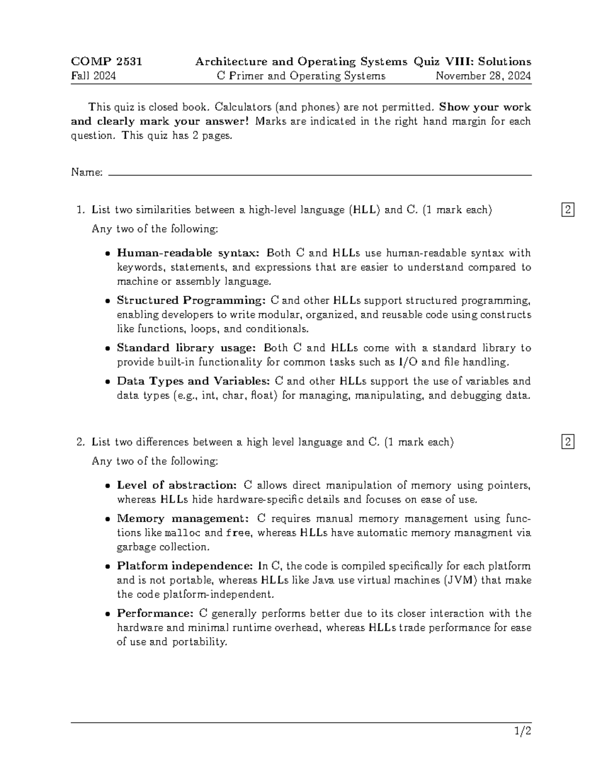 COMP 2531 Fall 2024 Quiz 8 Solutions: Arch & OS Concepts - Studocu