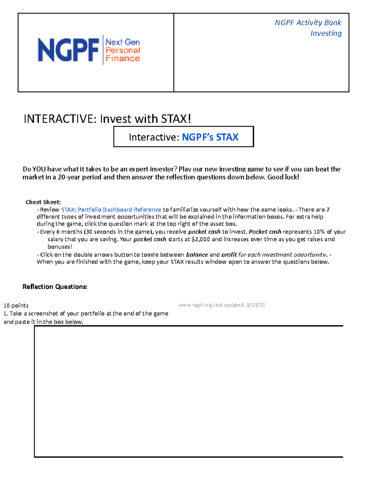 NGPF 5.1 Interactive Investing: STAX Game Reflection Activity - Studocu
