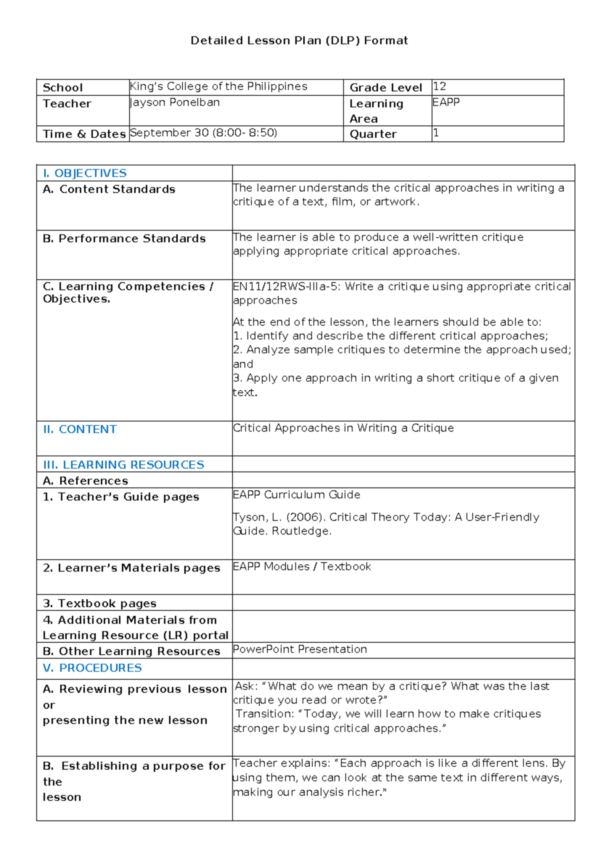 Detailed Lesson Plan (DLP) on Critical Approaches in EAPP 12 - Studocu