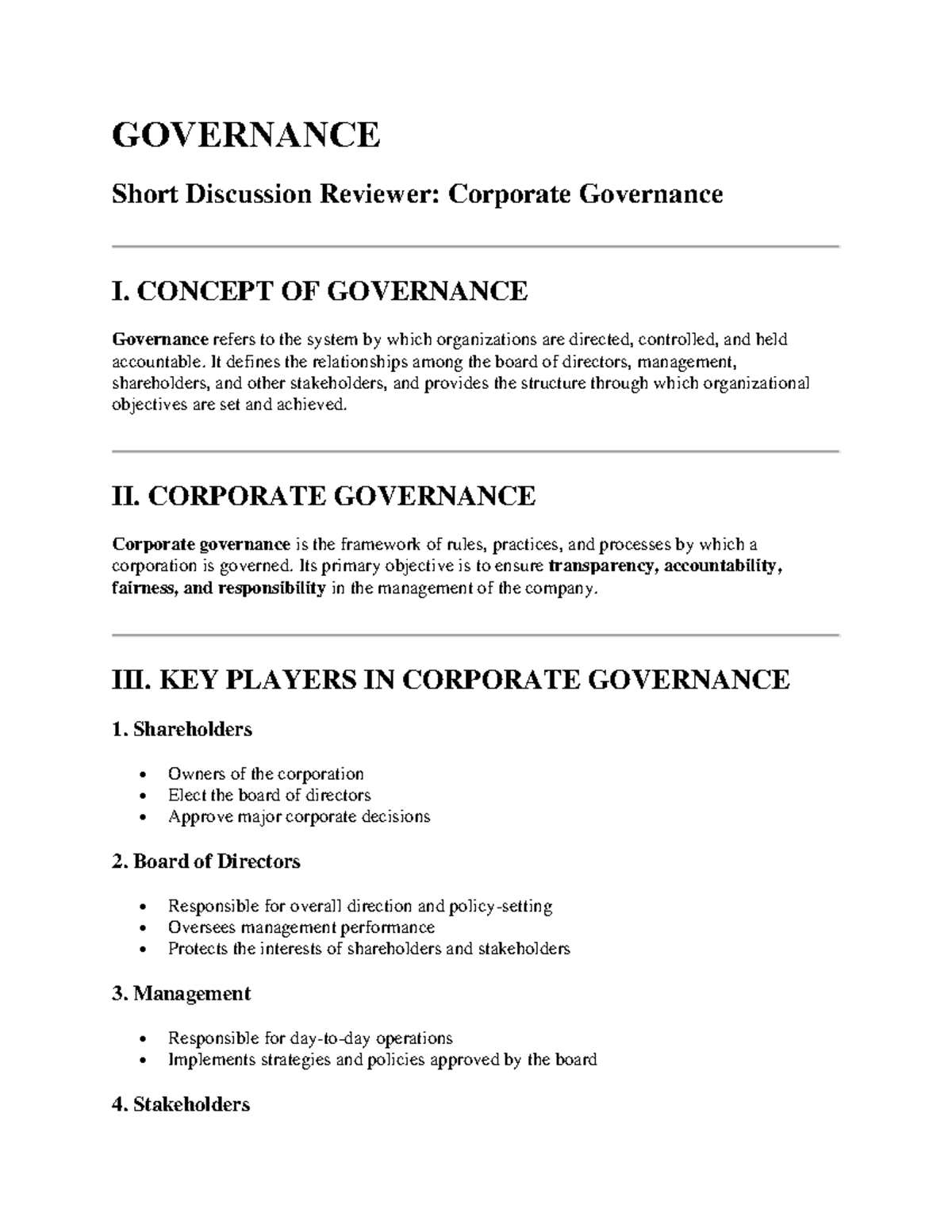 Corporate Governance Overview: Key Concepts and Players - Studocu