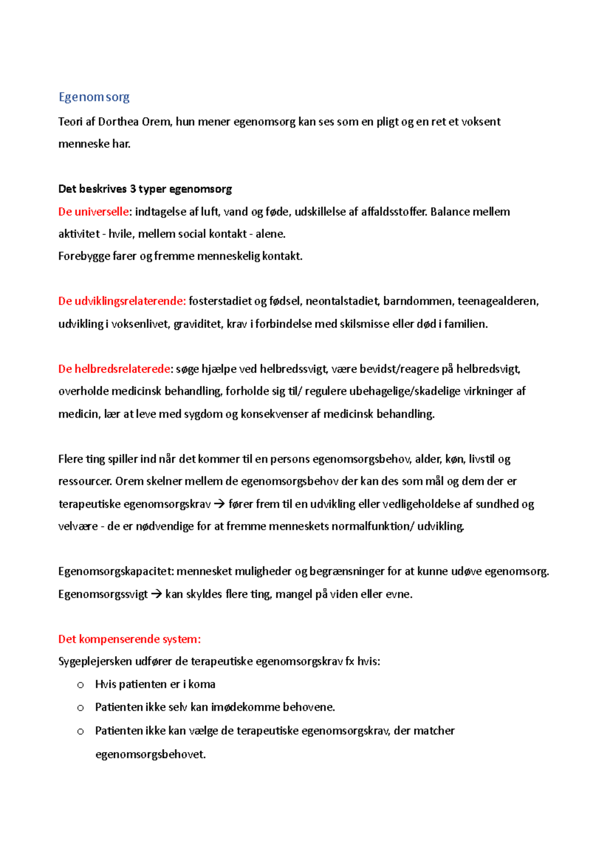 Teori - Egenomsorg ifølge Dorthea Orem i Sygepleje - Studocu