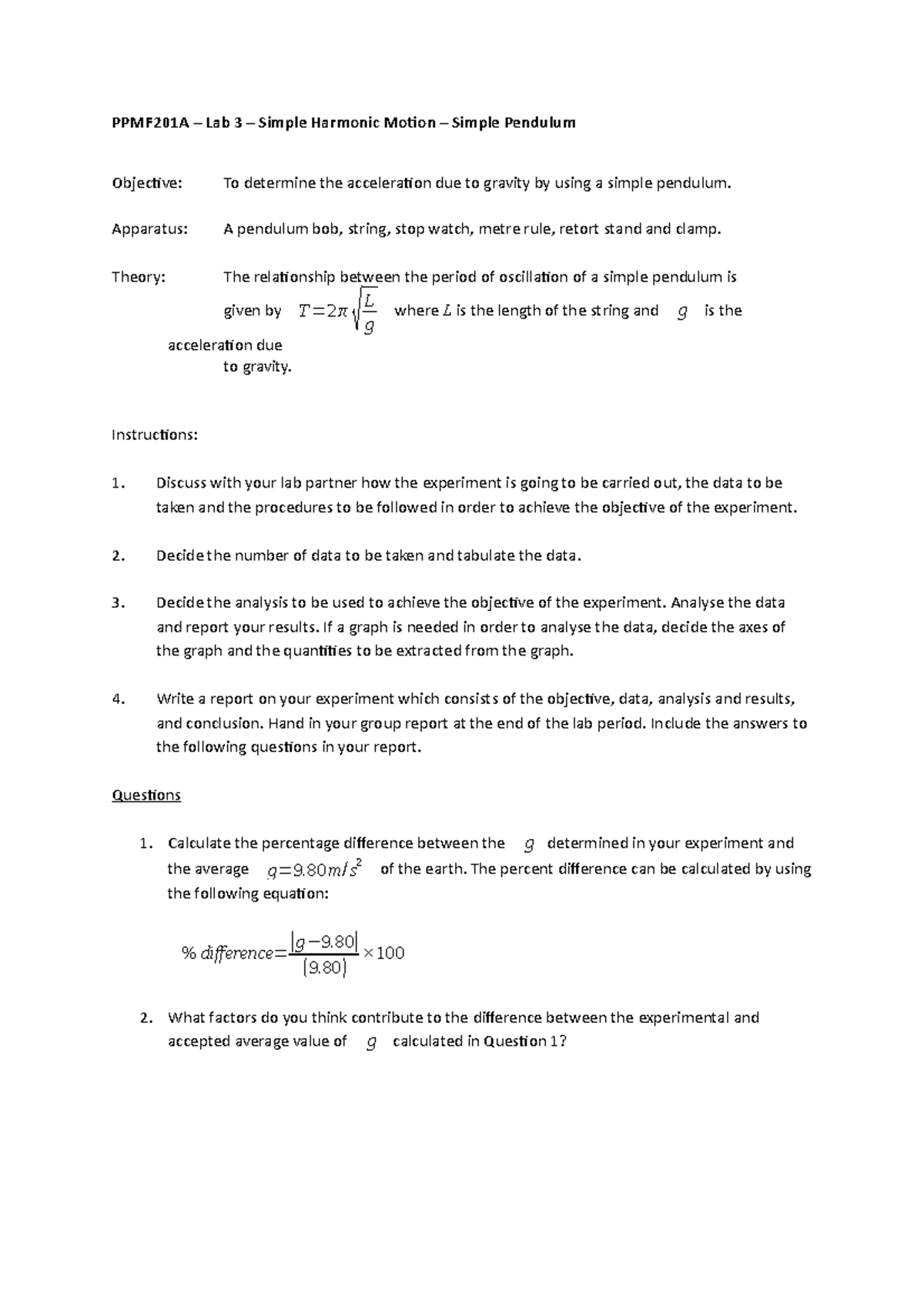 Simple pendulum lab report 3 - PPMF201A – Lab 3 – Simple Harmonic ...