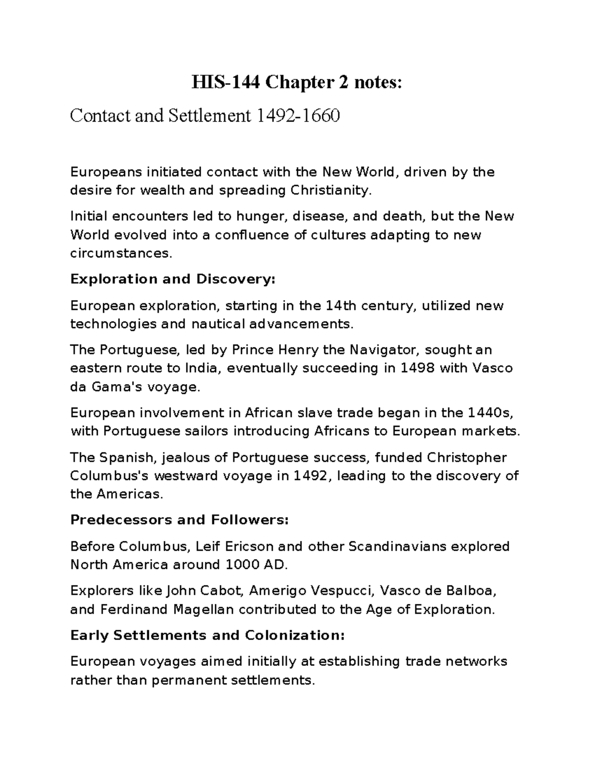 HIS-144 Chapter 2: European Contact and Early Colonization Notes - Studocu