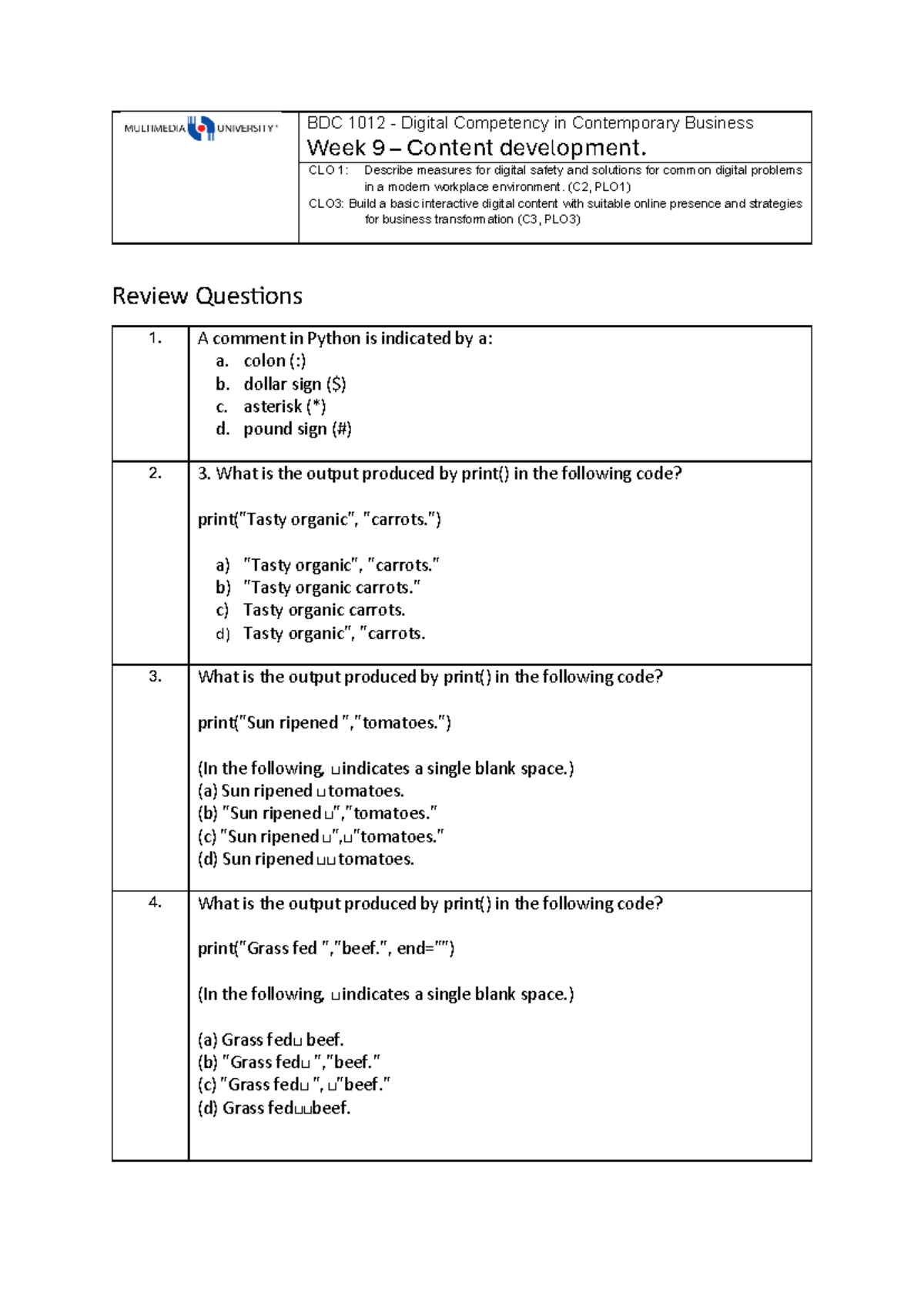 BDC 1012 Week 9 Self Review Exercise on Digital Competency - Studocu