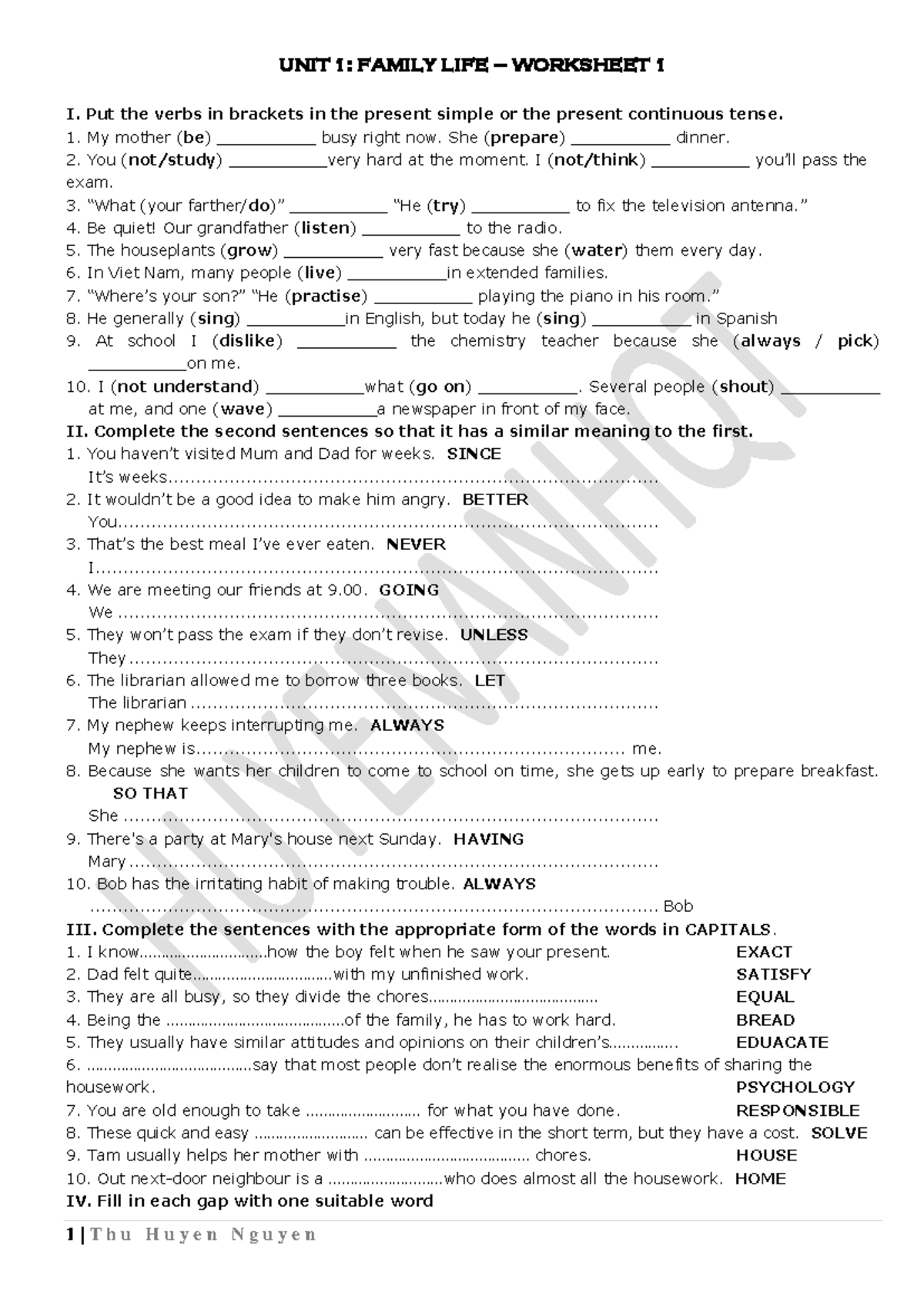 Unit 1: Family Life Worksheet 1 & 2 - Studocu