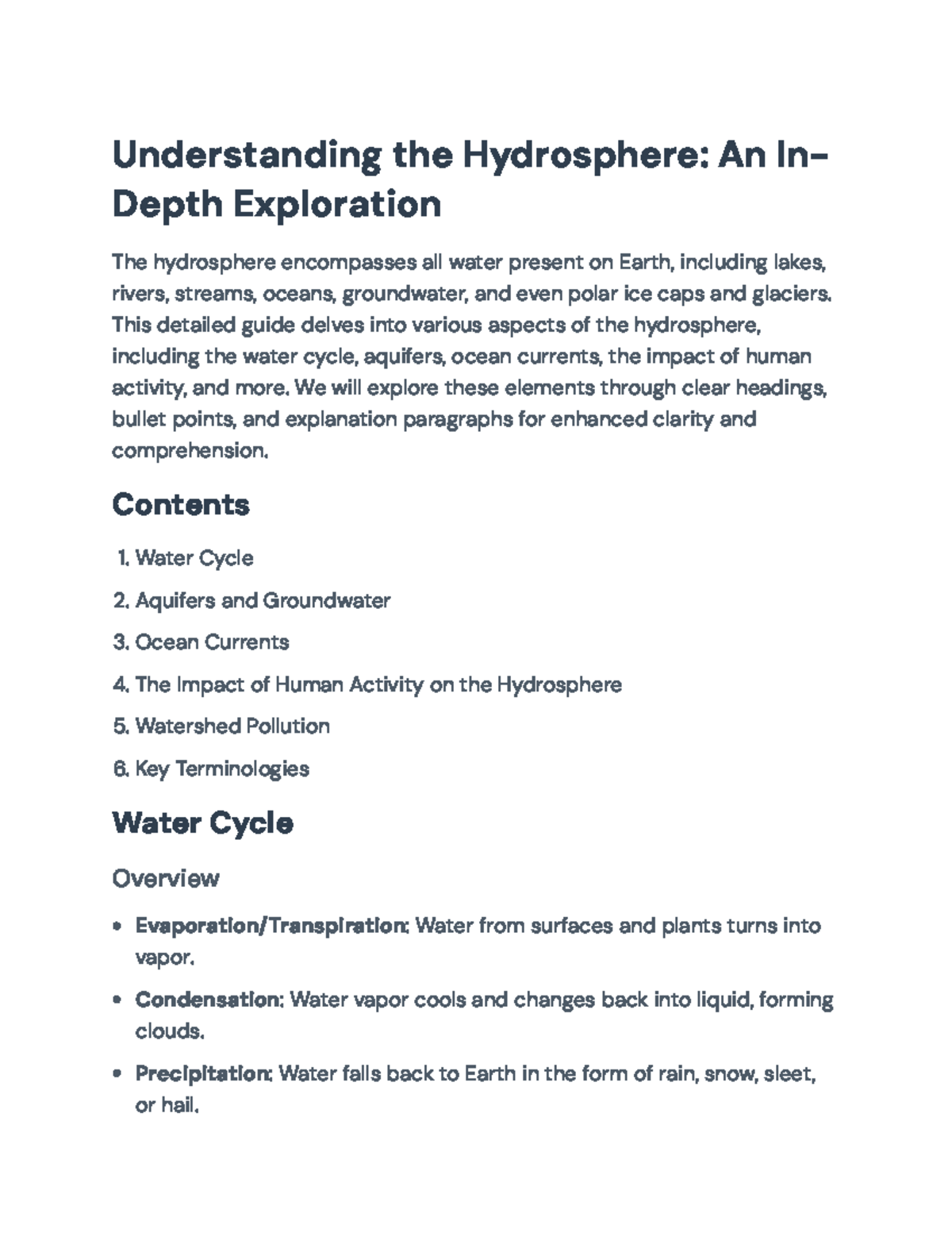 Understanding the Hydrosphere: Water Cycle, Aquifers, and Human Impact ...
