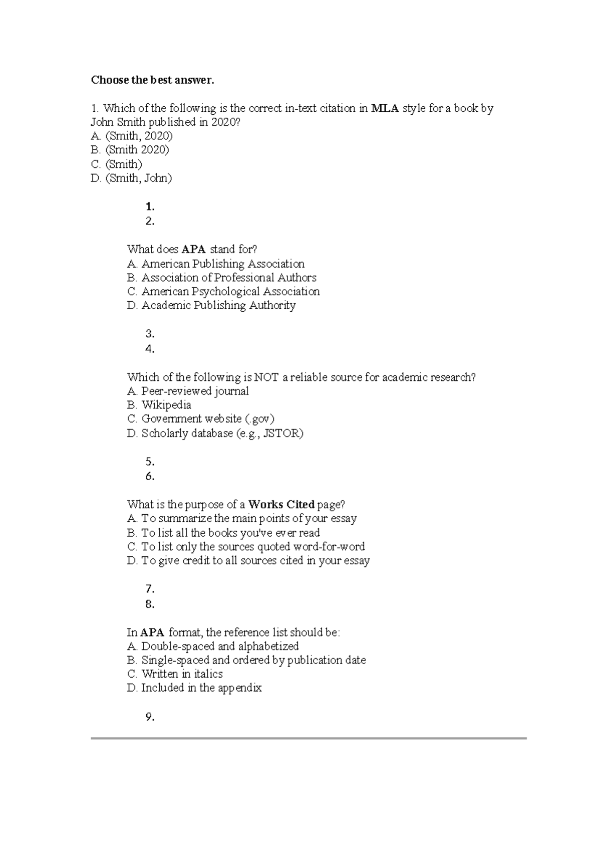 MLA & APA Citation Quiz - ENGLISH - Studocu