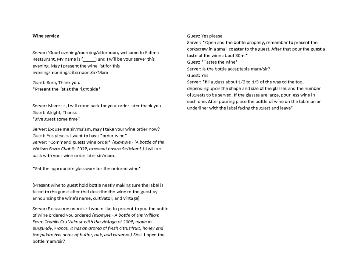 WINE-Script: Training Script for Wine Service at Fatima Restaurant ...