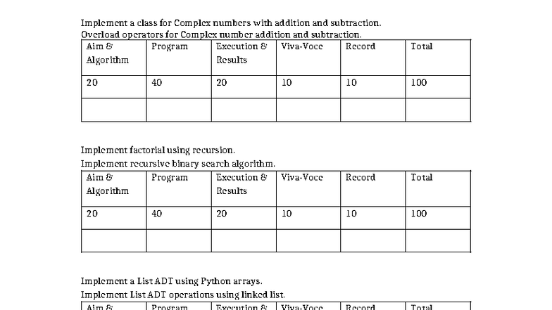 Data Structures Lab Questions With Marks - Implement a class for Complex numbers with addition ...