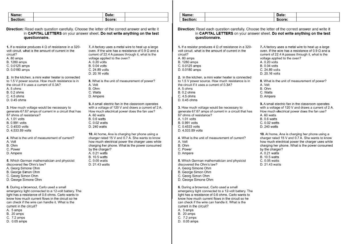 Quiz on Electrical Concepts - TLE 101 - Studocu