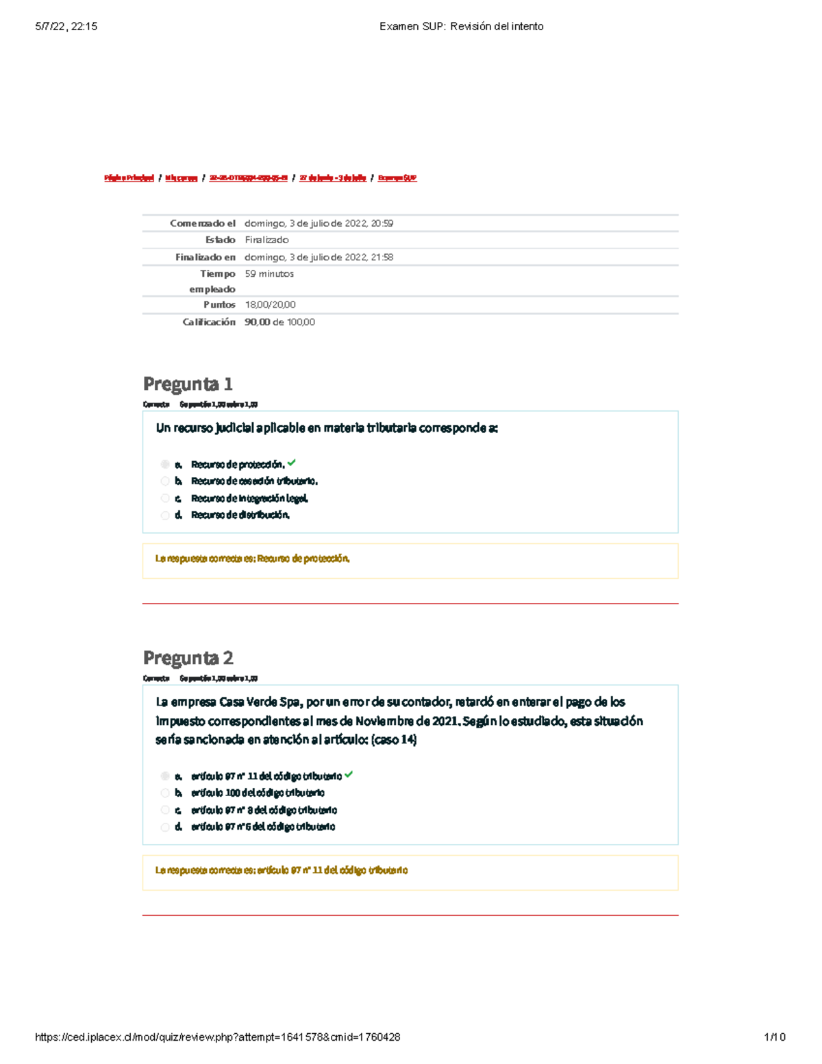 Examen SUP: Revisión y Resultados del Intento 22-2B-DTR6004 - Studocu