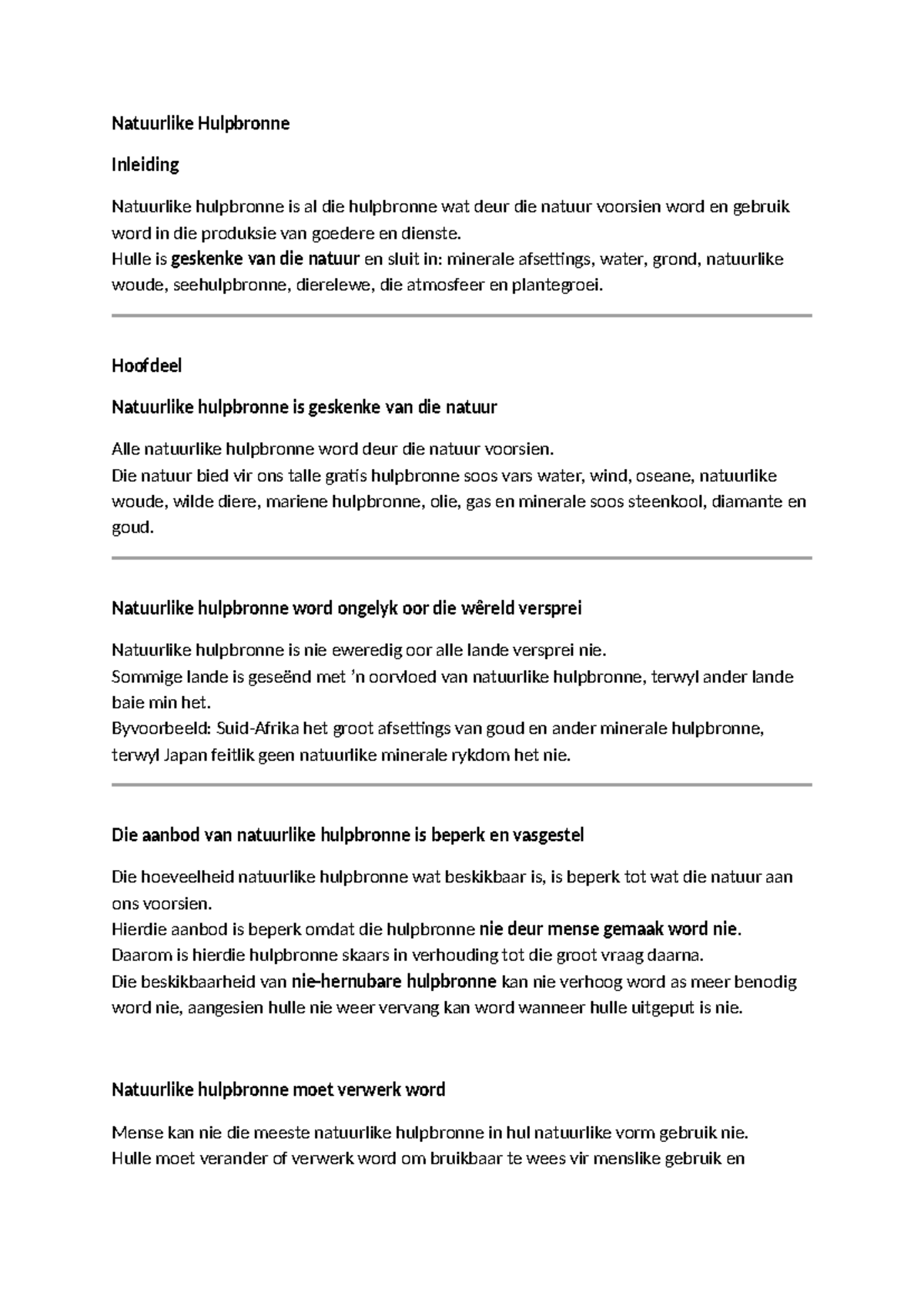 Natuurlike Hulpbronne: 'n Inleiding tot Hul Verspreiding en Gebruik ...